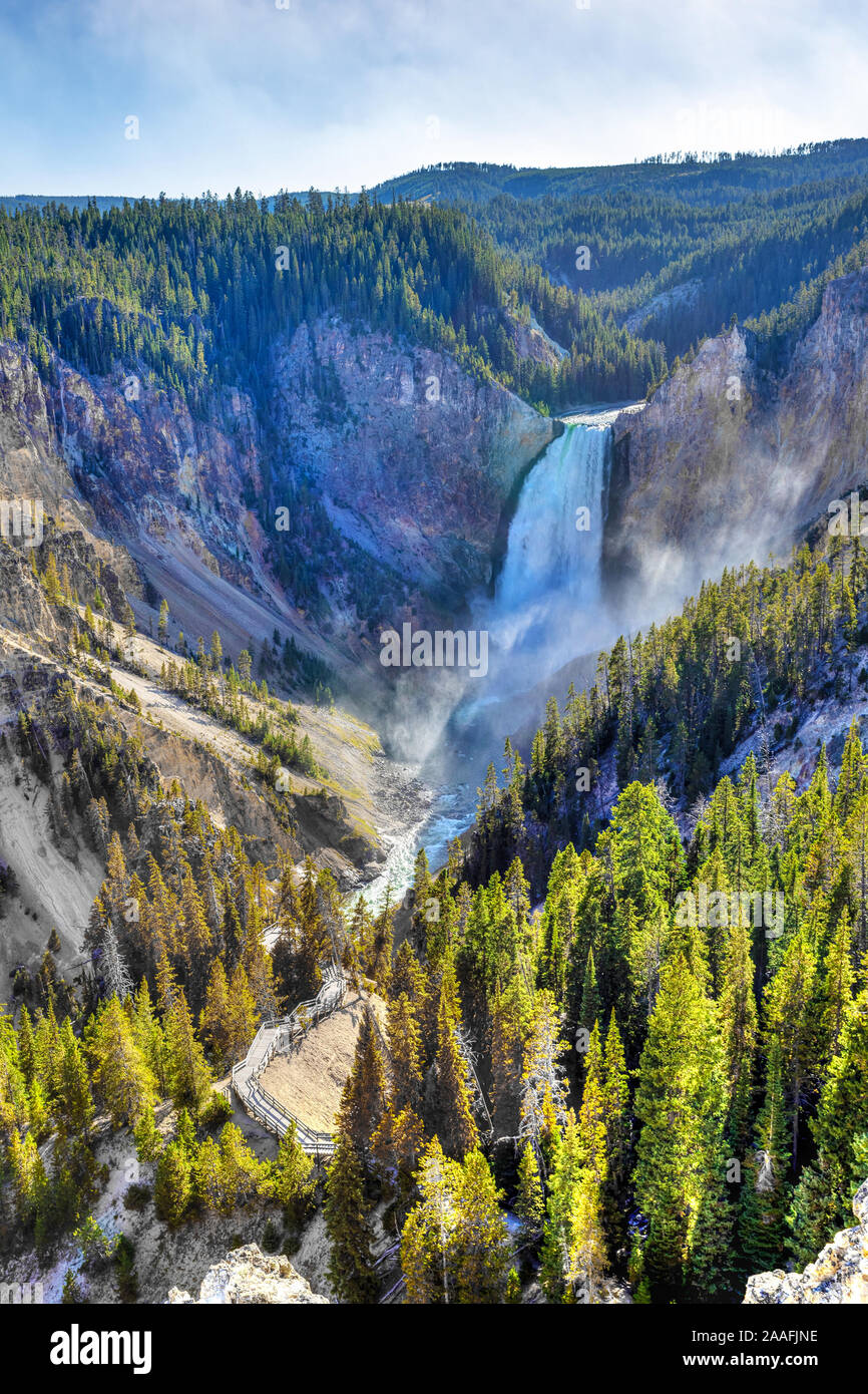 Lower Falls at Yellowstone National Park showing rushing waters of the ...