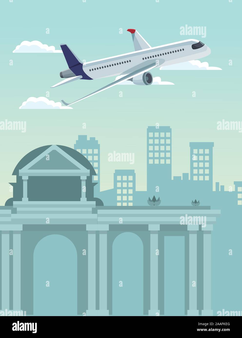 airplane flying over urban city buildings scenary background Stock ...