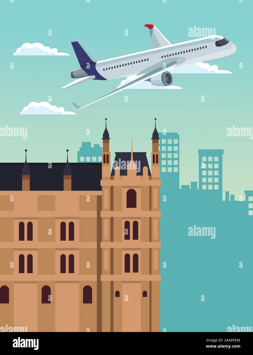 airplane flying and building over sky background Stock Vector Image ...