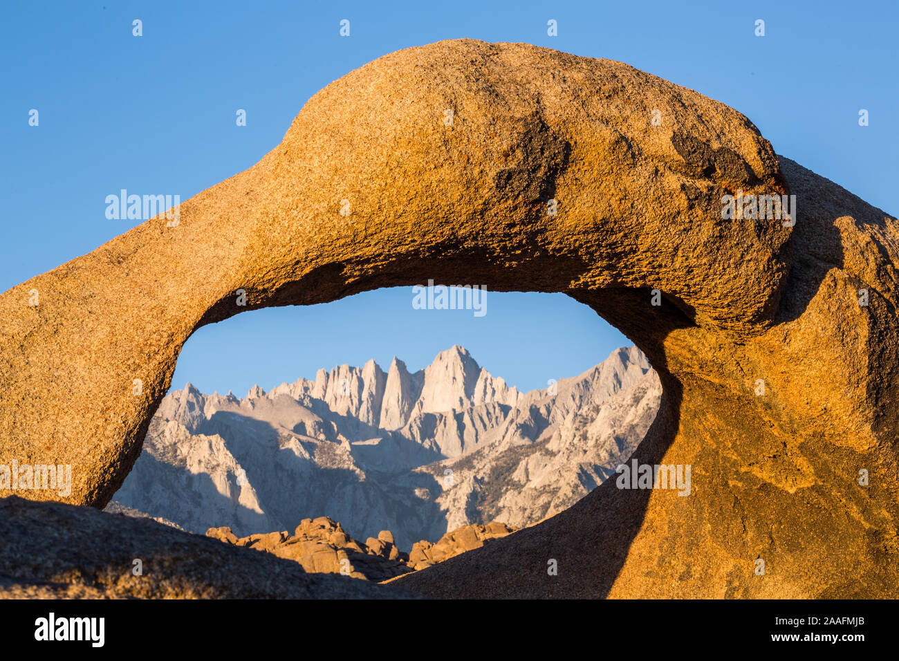 View of Mount Whitney summit in sunrise morning light from the Whitney ...