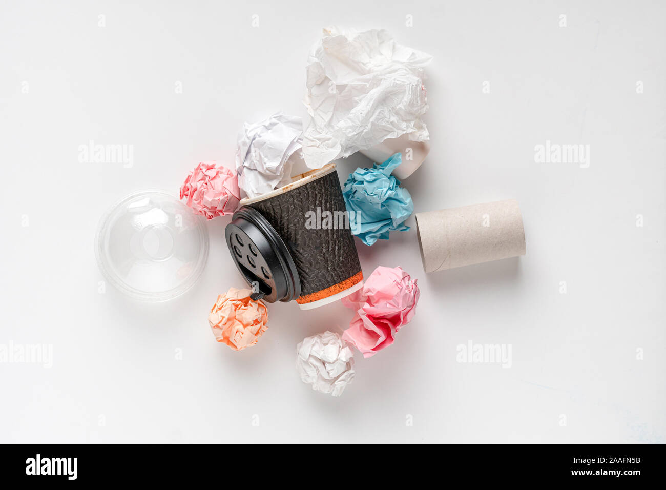 top view some garbage of plastic and paper material, recycle to save ...