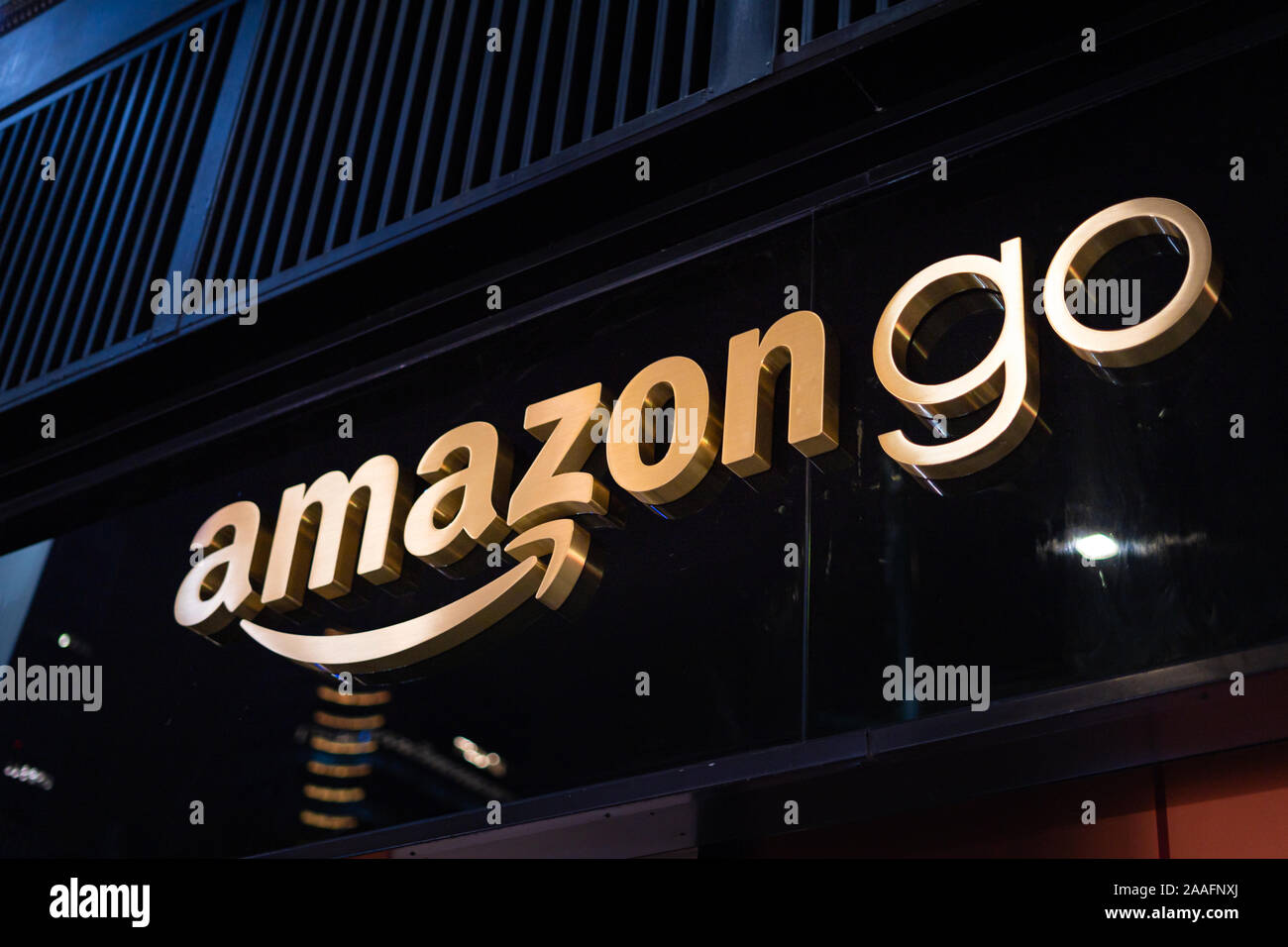 Close up on the Amazon Go store sign above the convenience shop ...