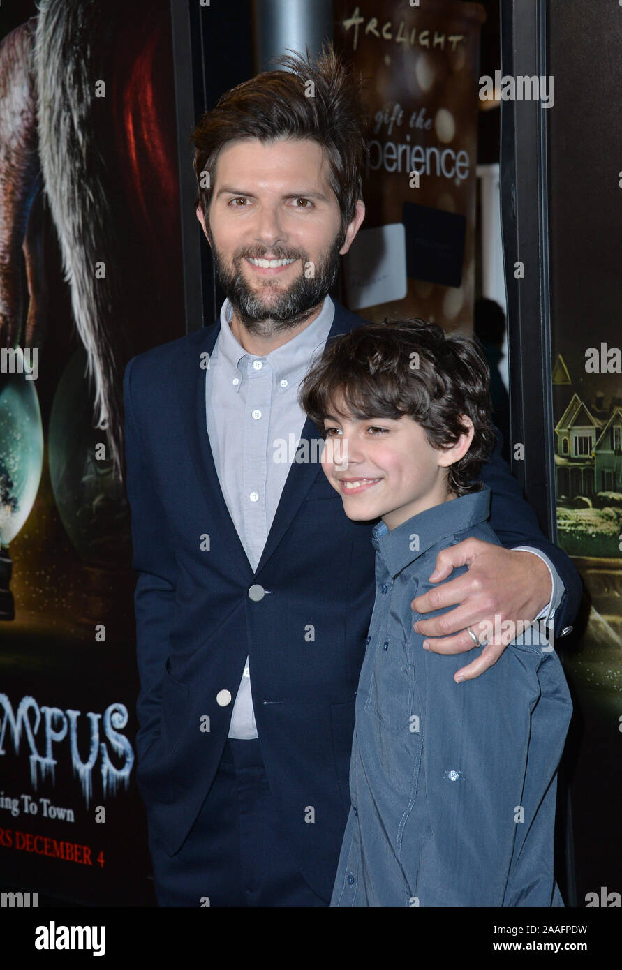 LOS ANGELES, CA - NOVEMBER 30, 2015: Actors Adam Scott & Emjay Anthony ...