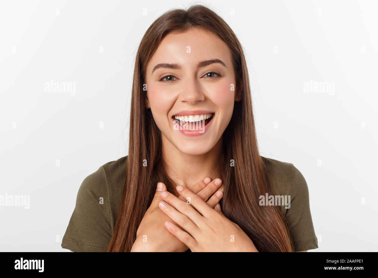 Portrait joyful outgoing woman likes laugh out loud not hiding emotions ...