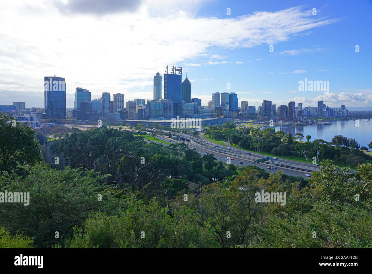 PERTH, AUSTRALIA -11 JUL 2019- View of the cityscape skyline of the ...