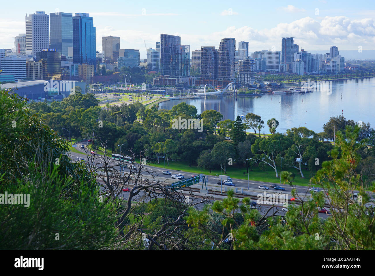 PERTH, AUSTRALIA -11 JUL 2019- View of the cityscape skyline of the ...