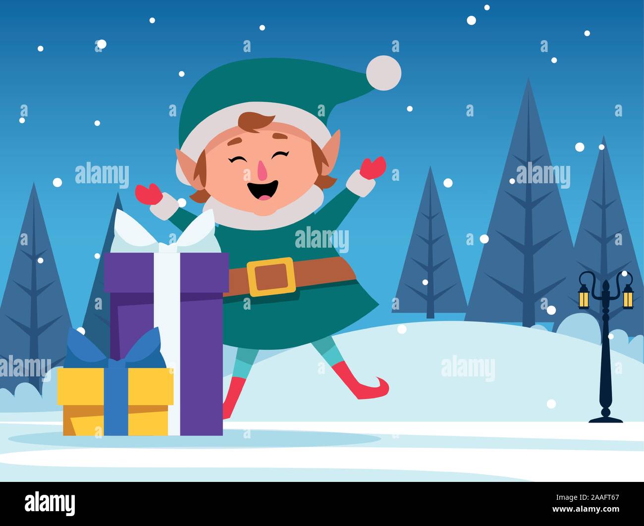 gifts boxes and happy santas helper over snowy night background Stock ...