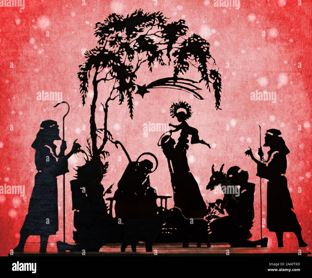 nativity silhouette red starry background Stock Photo - Alamy