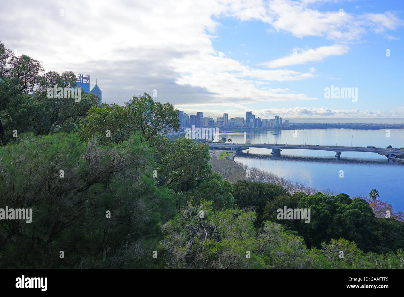 PERTH, AUSTRALIA -11 JUL 2019- View of the cityscape skyline of the ...