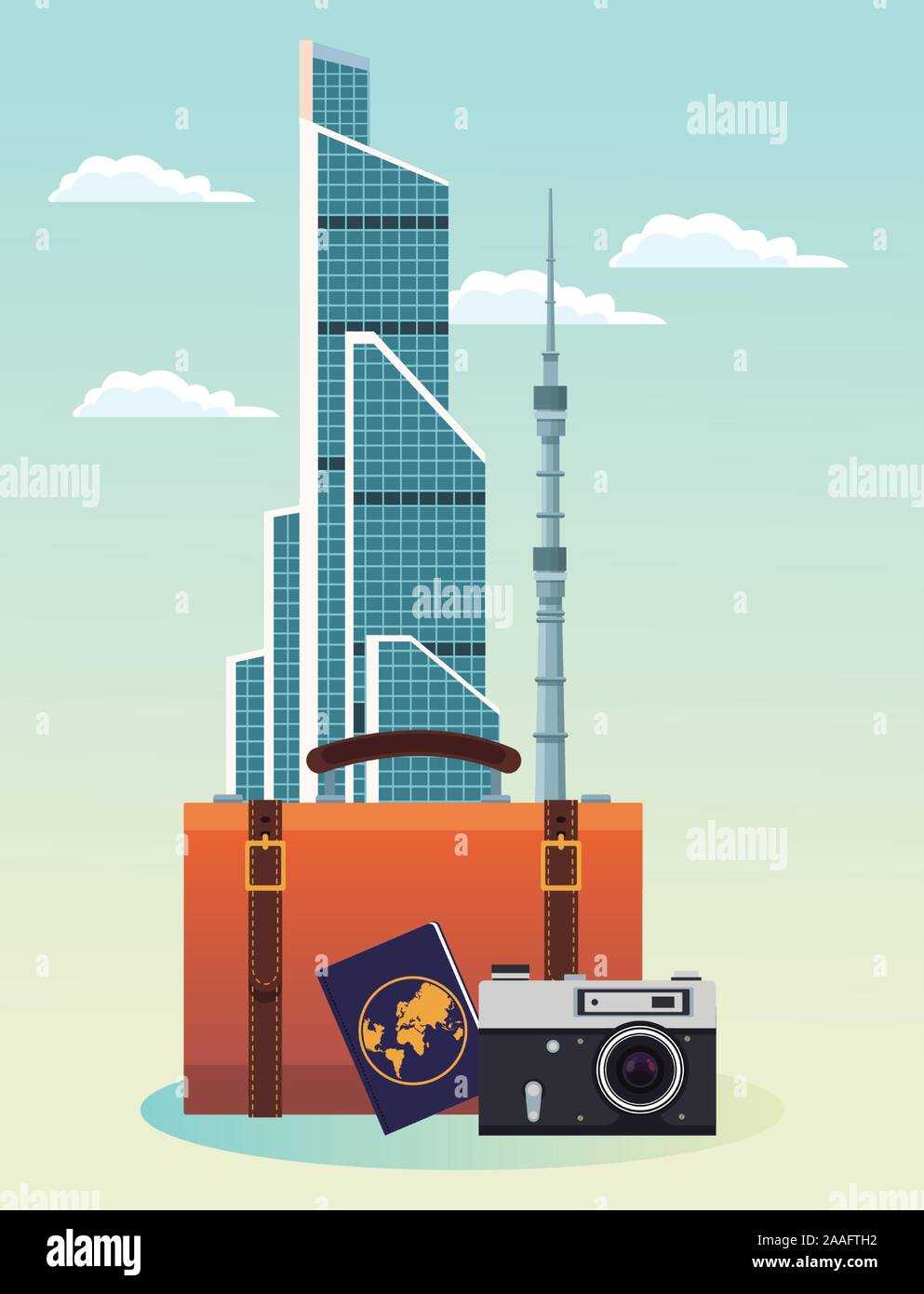 iconic buildings and suitcase with passport and camera, colorful design ...