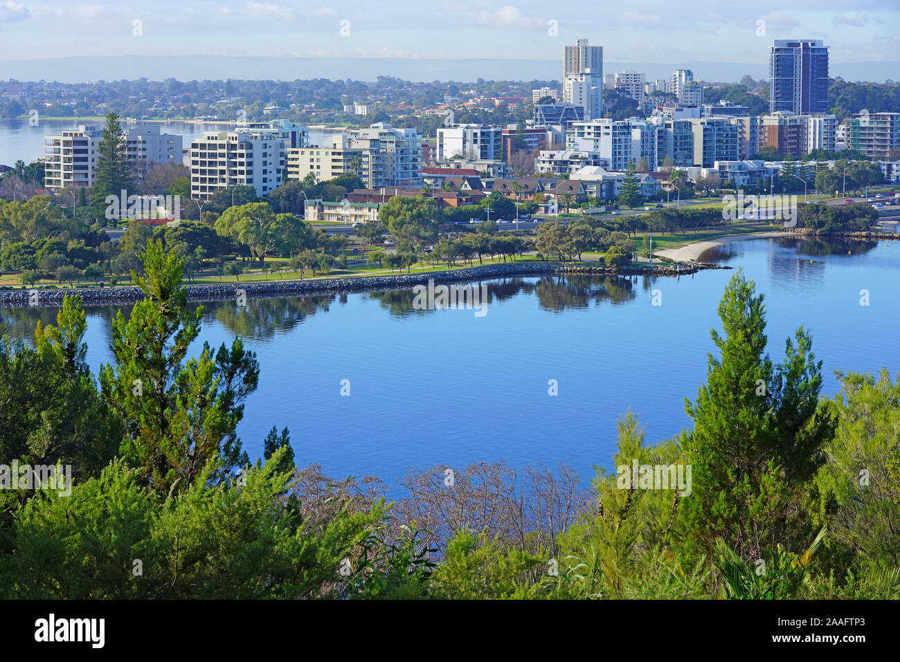 PERTH, AUSTRALIA -11 JUL 2019- View of the cityscape skyline of the ...