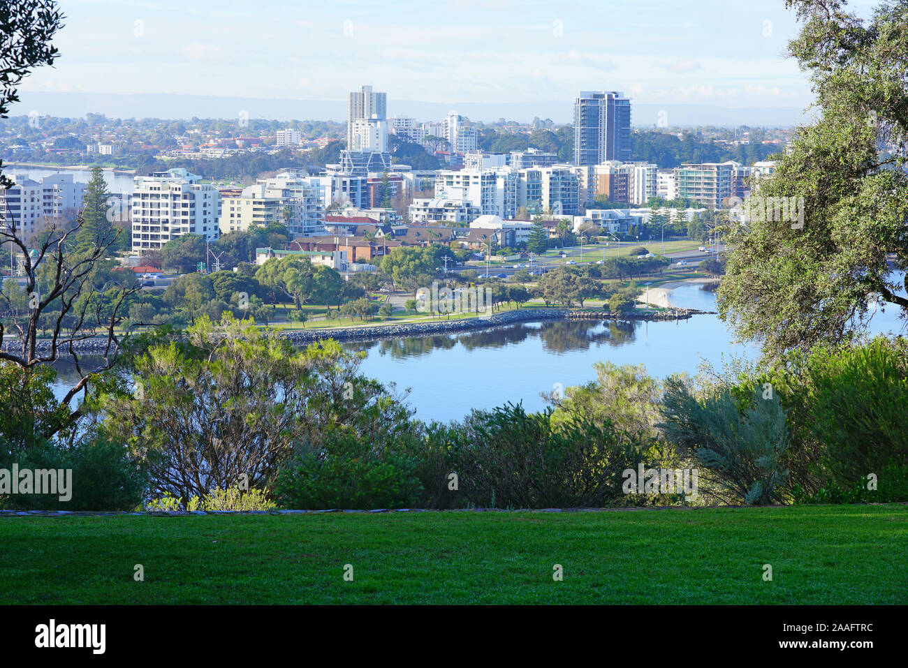 PERTH, AUSTRALIA -11 JUL 2019- View of the cityscape skyline of the ...