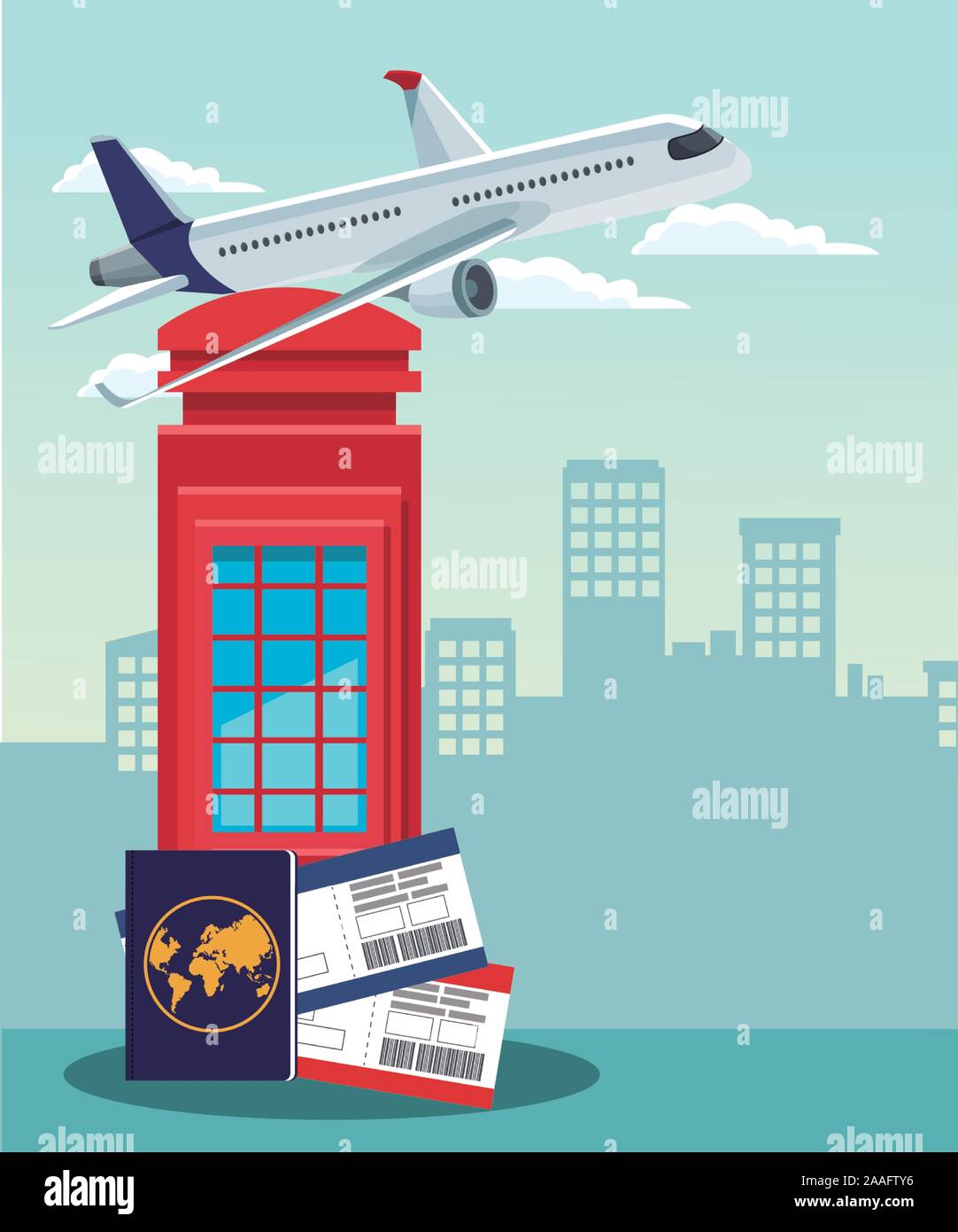 airplane flying and red telephone box with passport and passboards ...