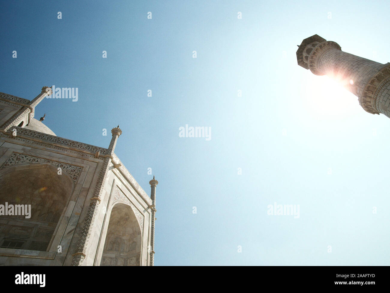 India. Agra. Taj Mahal. Skyward view of minoret and corner of main ...
