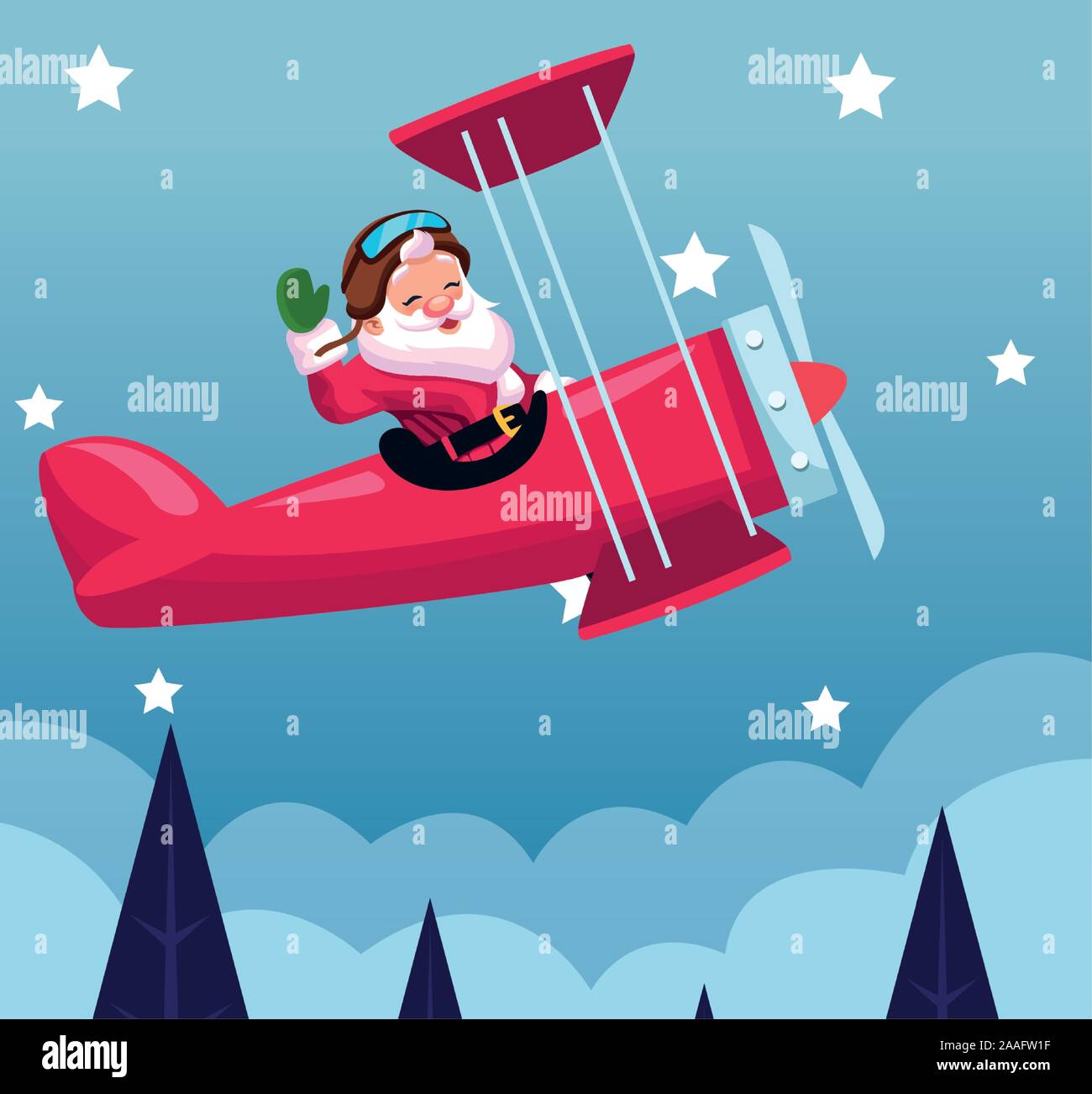 santa claus flying in a airplane over snowy night background Stock ...