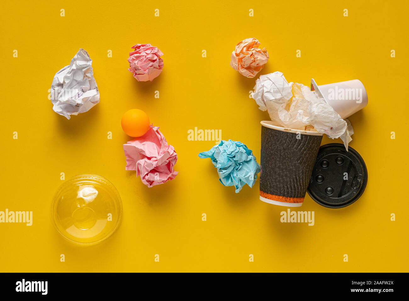 top view some garbage of plastic and paper material, recycle to save ...