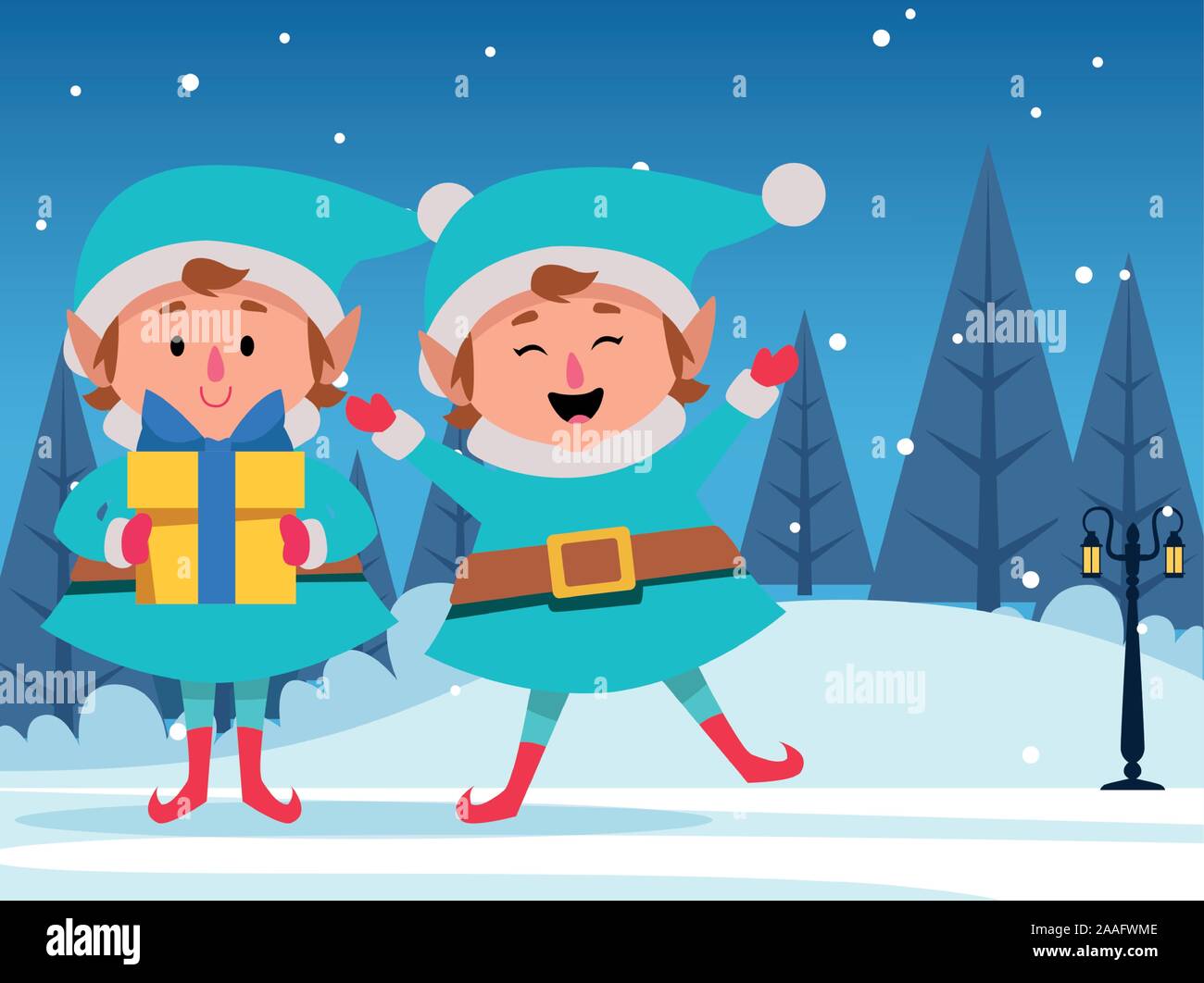 happy santas helpers with gift box over snowy night background ...