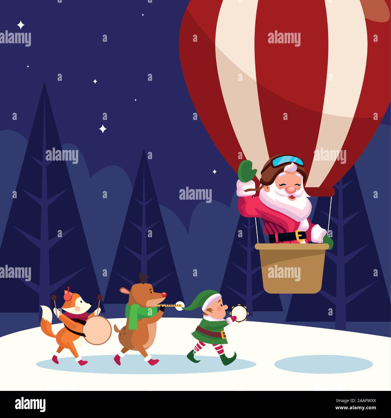santa claus in a hot air balloon and christmas animals playing musical ...