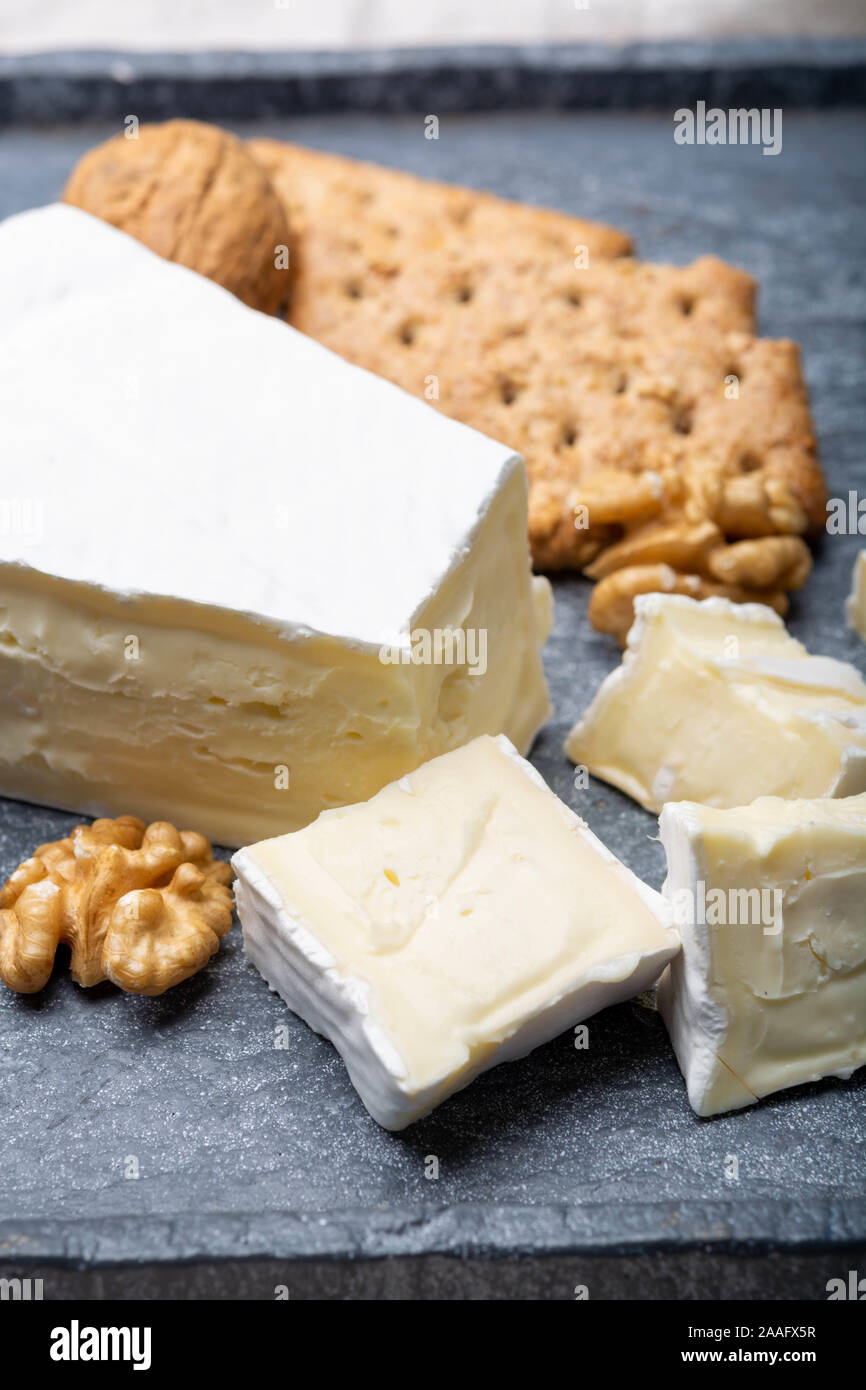 Cheese collection, piece of French brie cheese with white mold close up ...