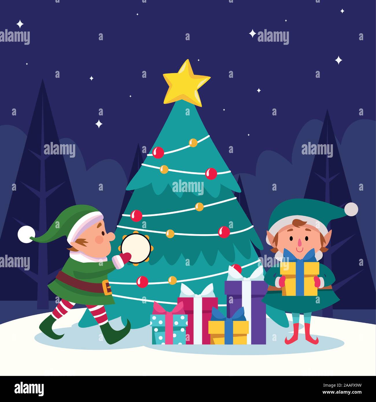 santas helpers with gift boxes and christmas tree Stock Vector Image ...