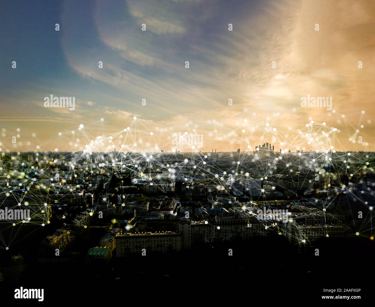 city covered with the communication lines, phone or internet connection ...