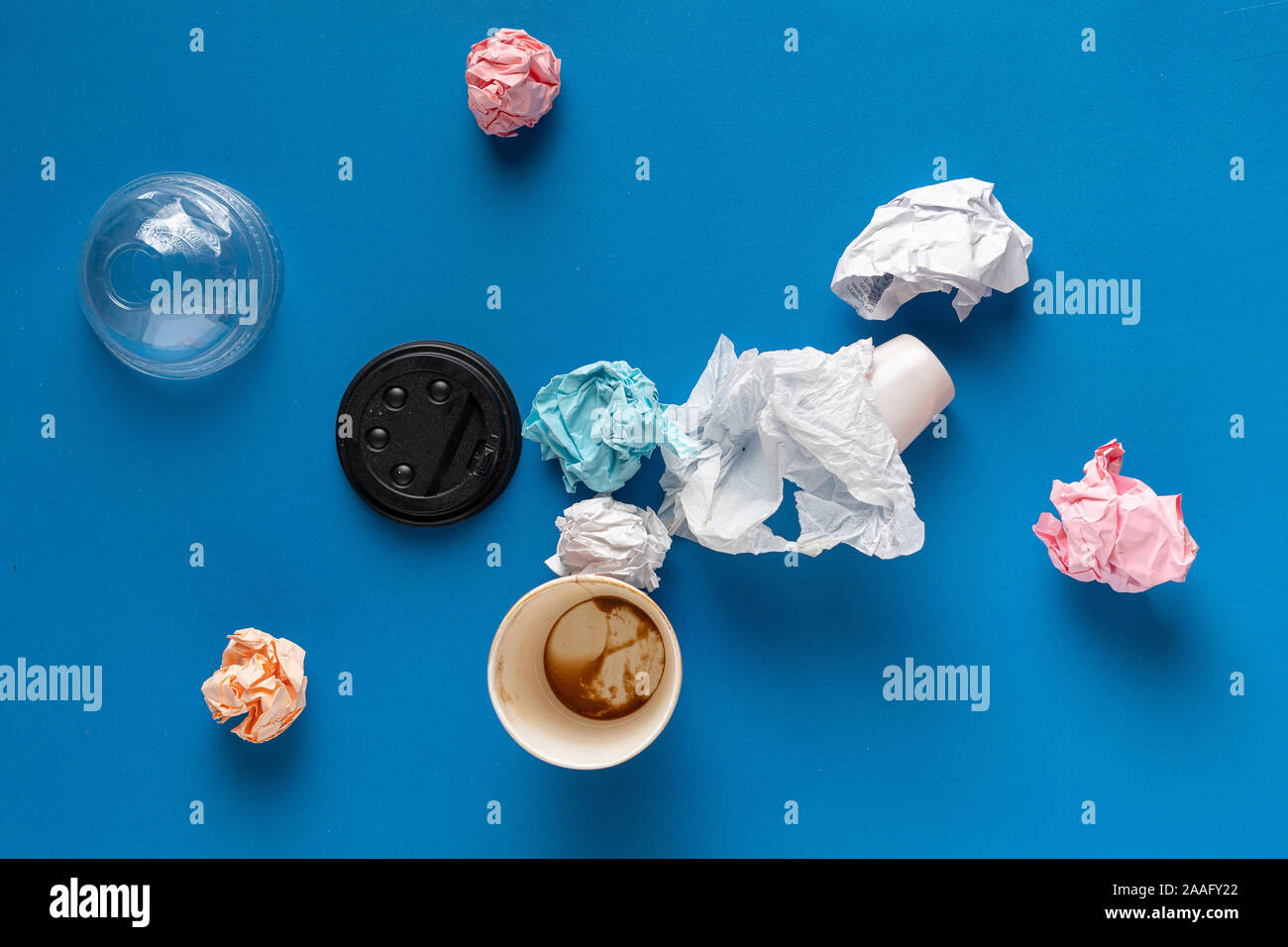 top view some garbage of plastic and paper material, recycle to save ...