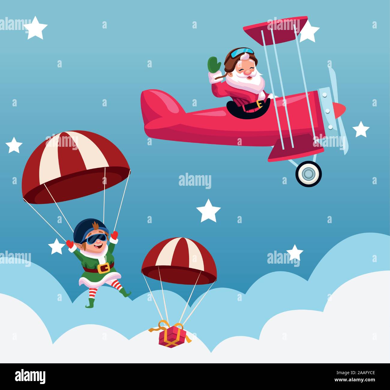 cartoon santa claus flying in a airplane and parachutes with christmas ...