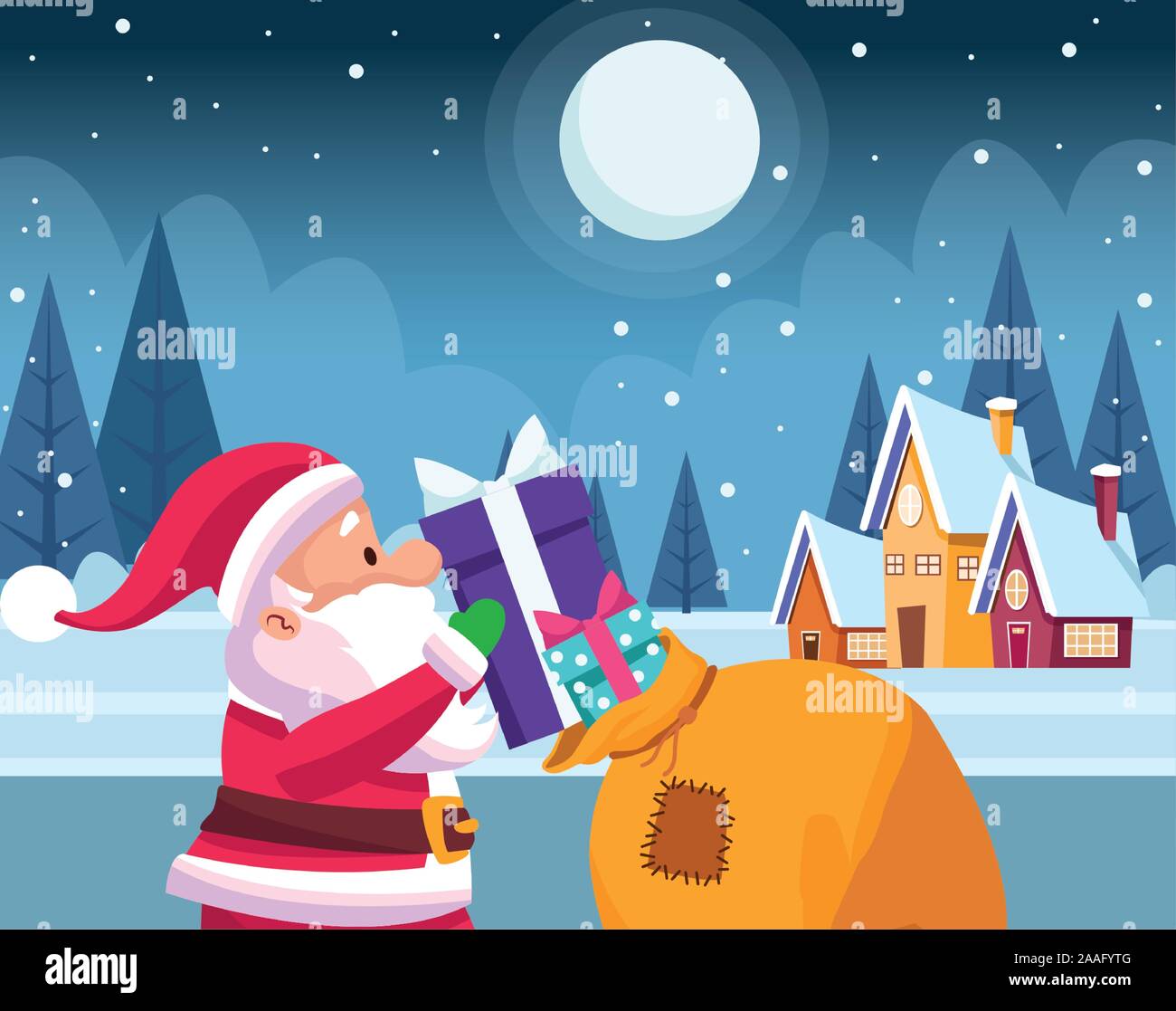 santa claus with gift boxes and big bag, colorful design Stock Vector ...