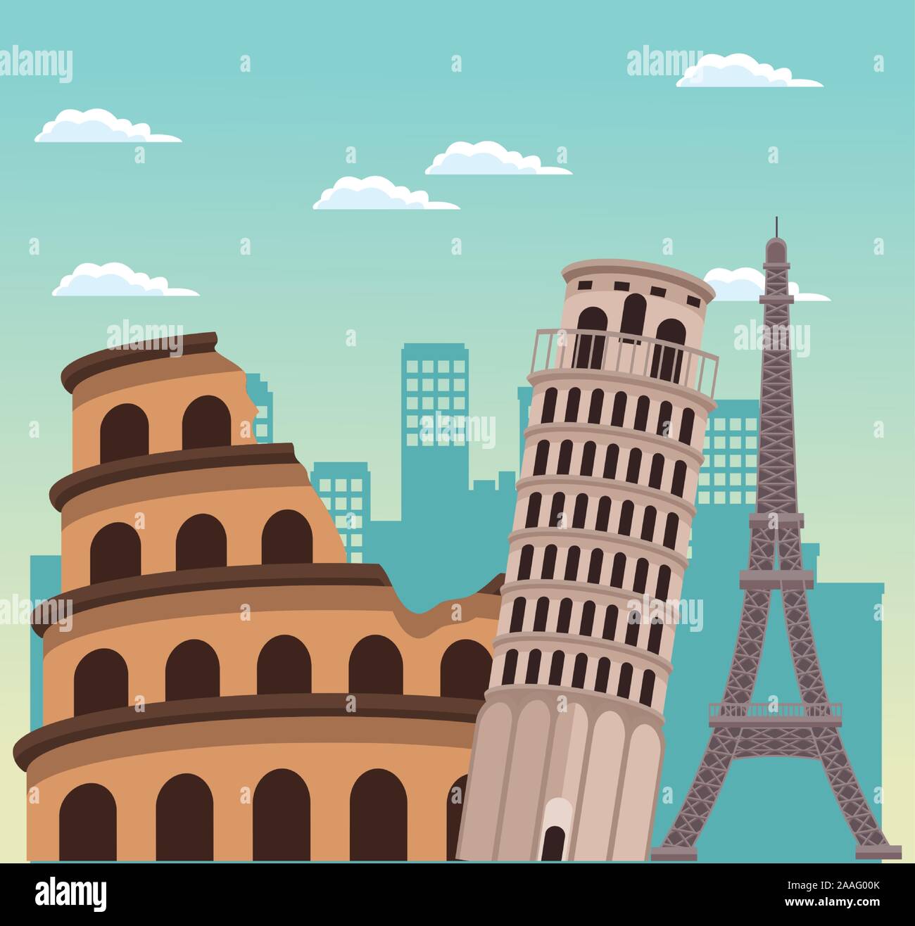 Rome coliseum monument, pisa tower and eiffel tower over sky background ...