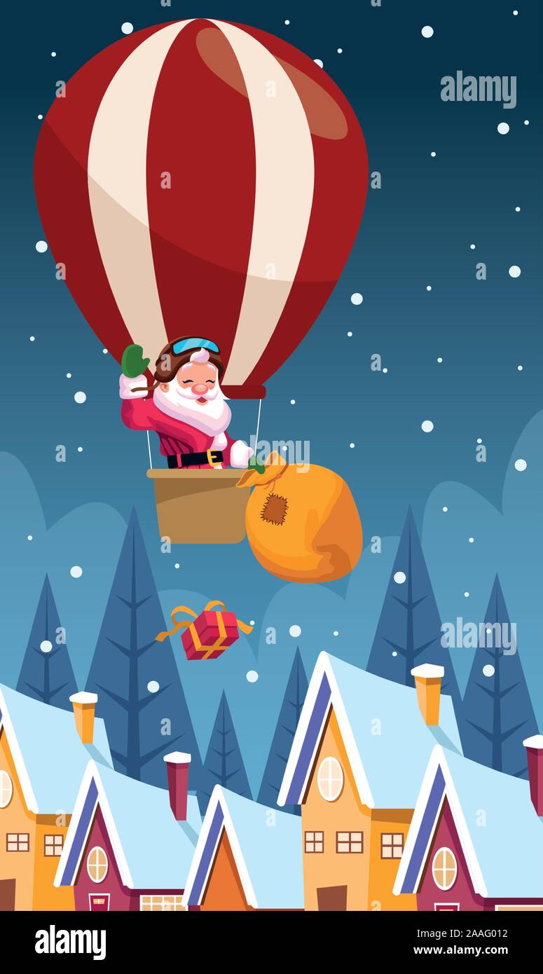 santa claus in a hot air balloon throwing gift boxes over houses and ...