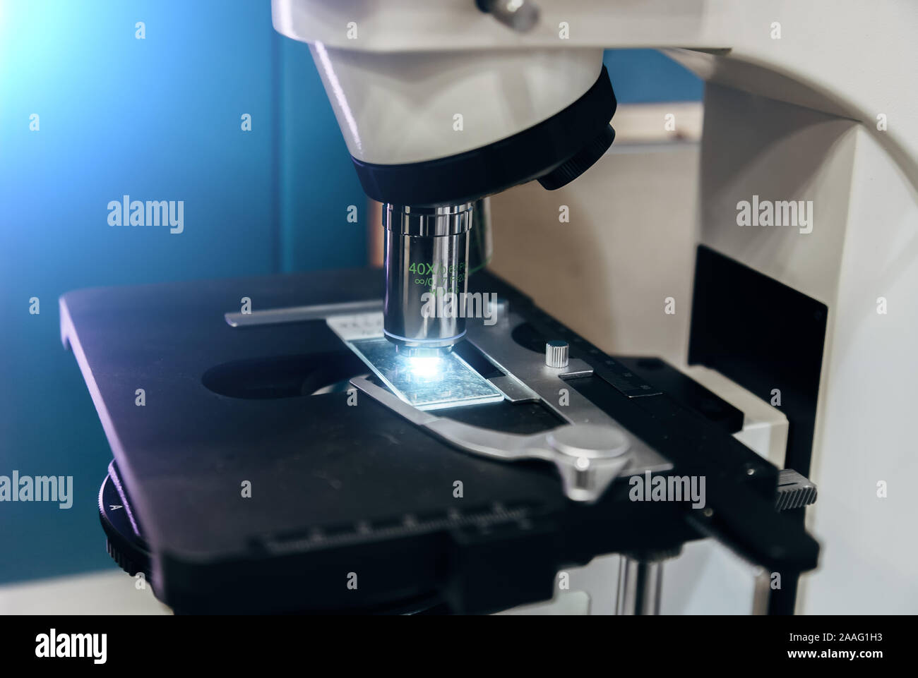 Scientific or medical test sample under light microscope in laboratory ...
