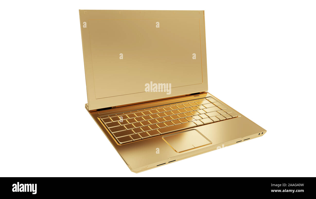 Hovering gold laptop with popular design, isolated on a white ...