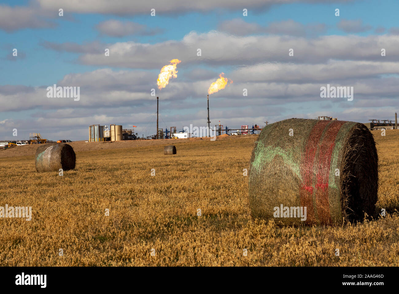 Watford City, North Dakota - Natural gas is flared off at an oil ...