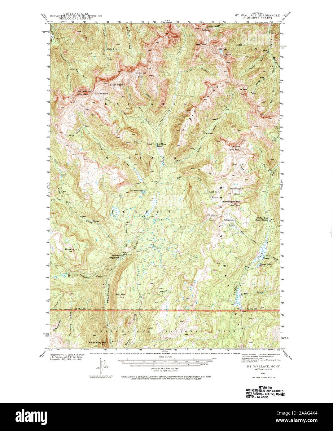 USGS TOPO Map Montana MT Mt Wallace 268174 1940 62500 Restoration Stock ...
