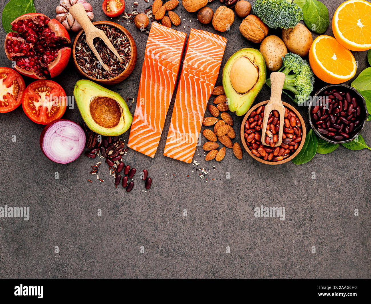 Ingredients for the healthy foods selection on dark background ...