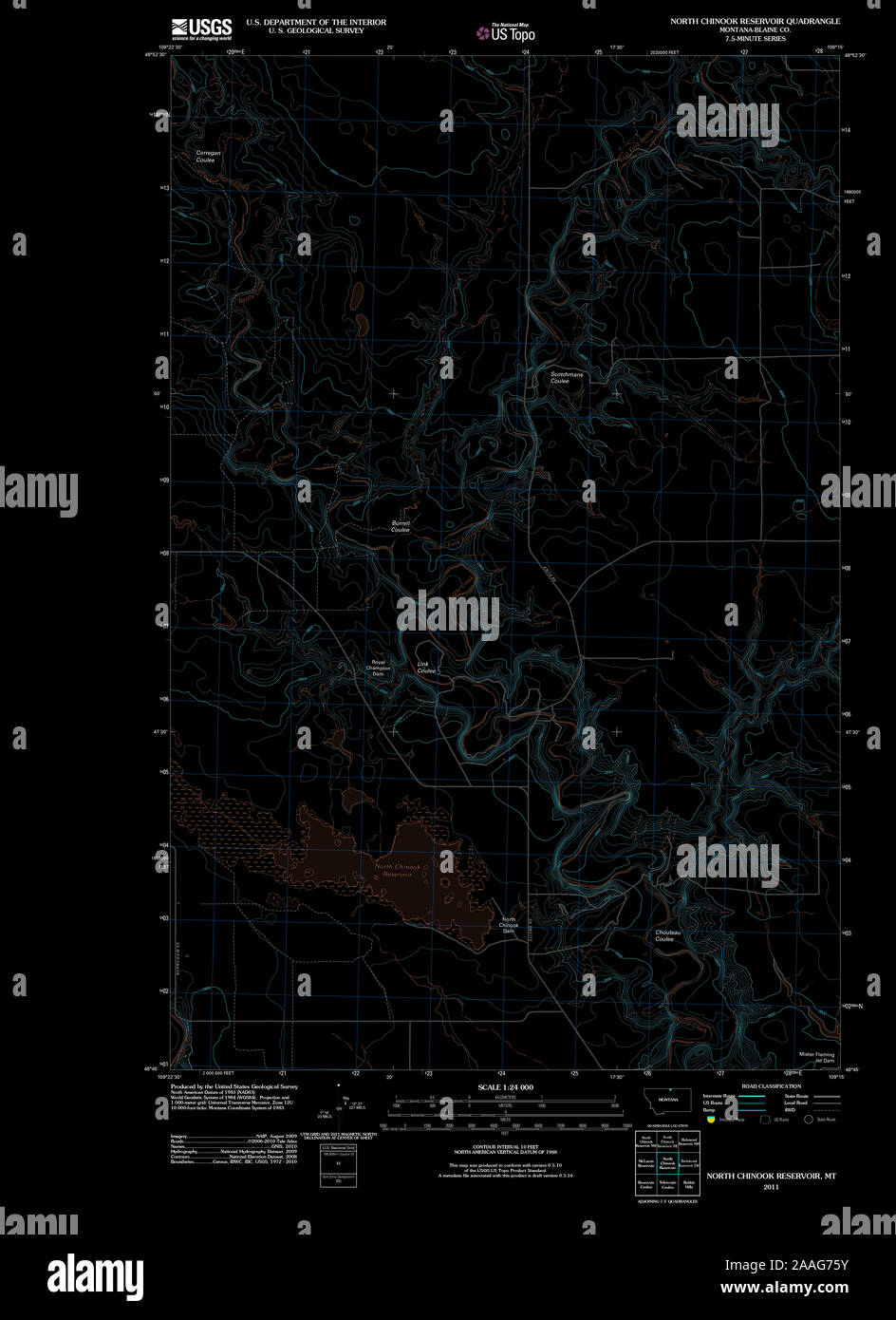 USGS TOPO Map Montana MT North Chinook Reservoir 20110624 TM Inverted ...