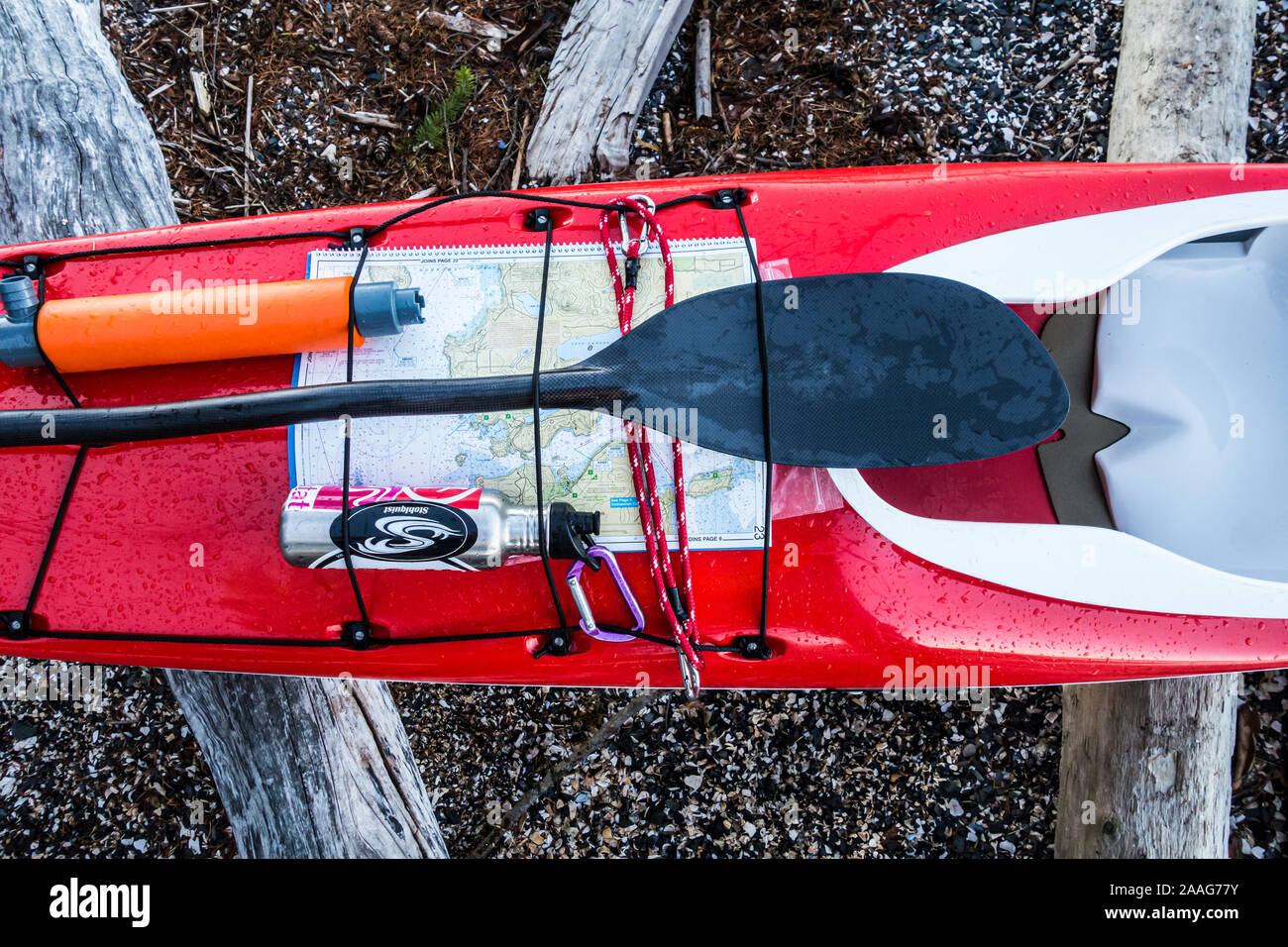 Detail of maps and gear on a sea kayak. Skagit Island State Park ...