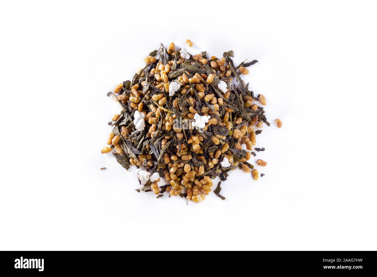A group of Genmaicha, brown rice tea, on white background Stock Photo ...