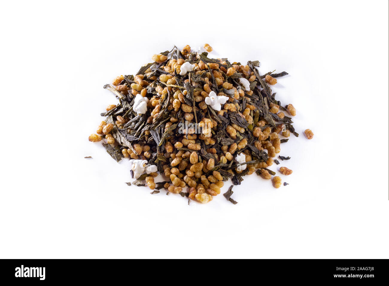 A group of Genmaicha, brown rice tea, on white background Stock Photo ...