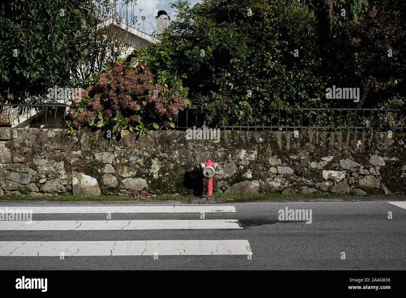 road, the crosswalk painted on the asfalt, a fire hydrant a stone wall ...