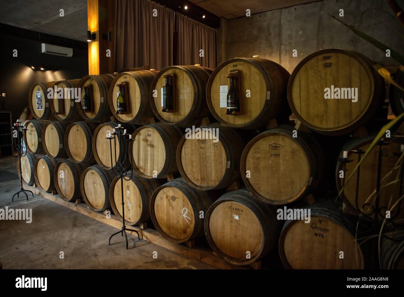 Wine barrels aging in warehouse Stock Photo - Alamy