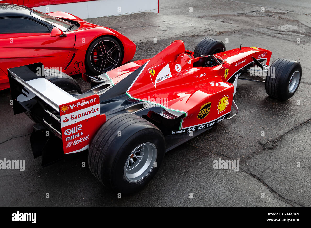 Novosibirsk, Russia - 11.01.2019: Two red Ferrari racing sports cars ...