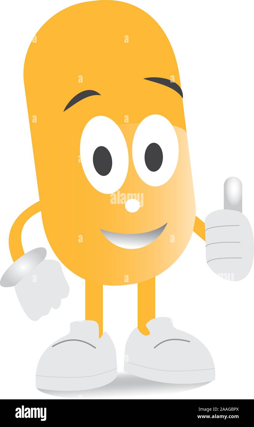 Yellow capsule characters with shadows. Cute happy smiling pill. Flat ...