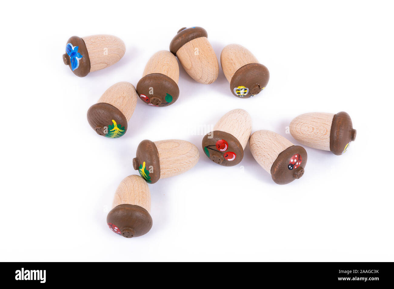 A close-up of children's toys made of natural wood in the form of ...