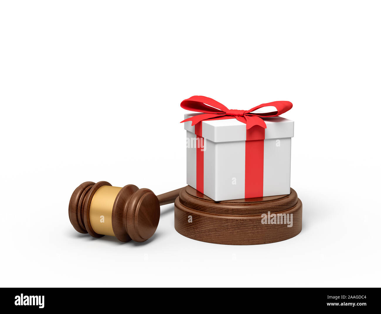 3d rendering of white gift box with red ribbon on round wooden block ...