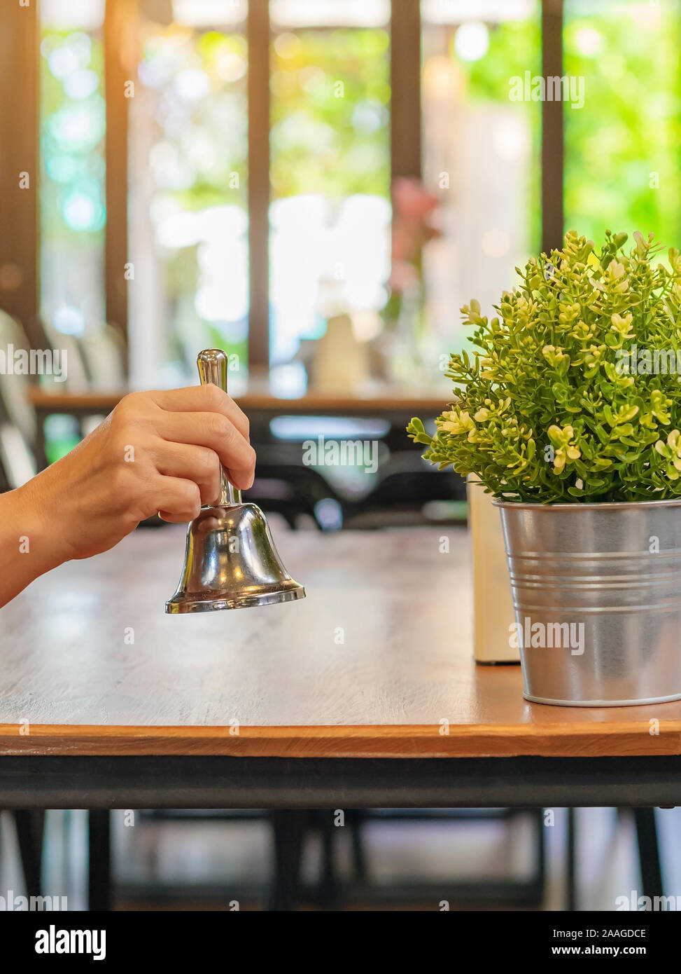 The female client's right hand hold a small bell to shake for call the ...