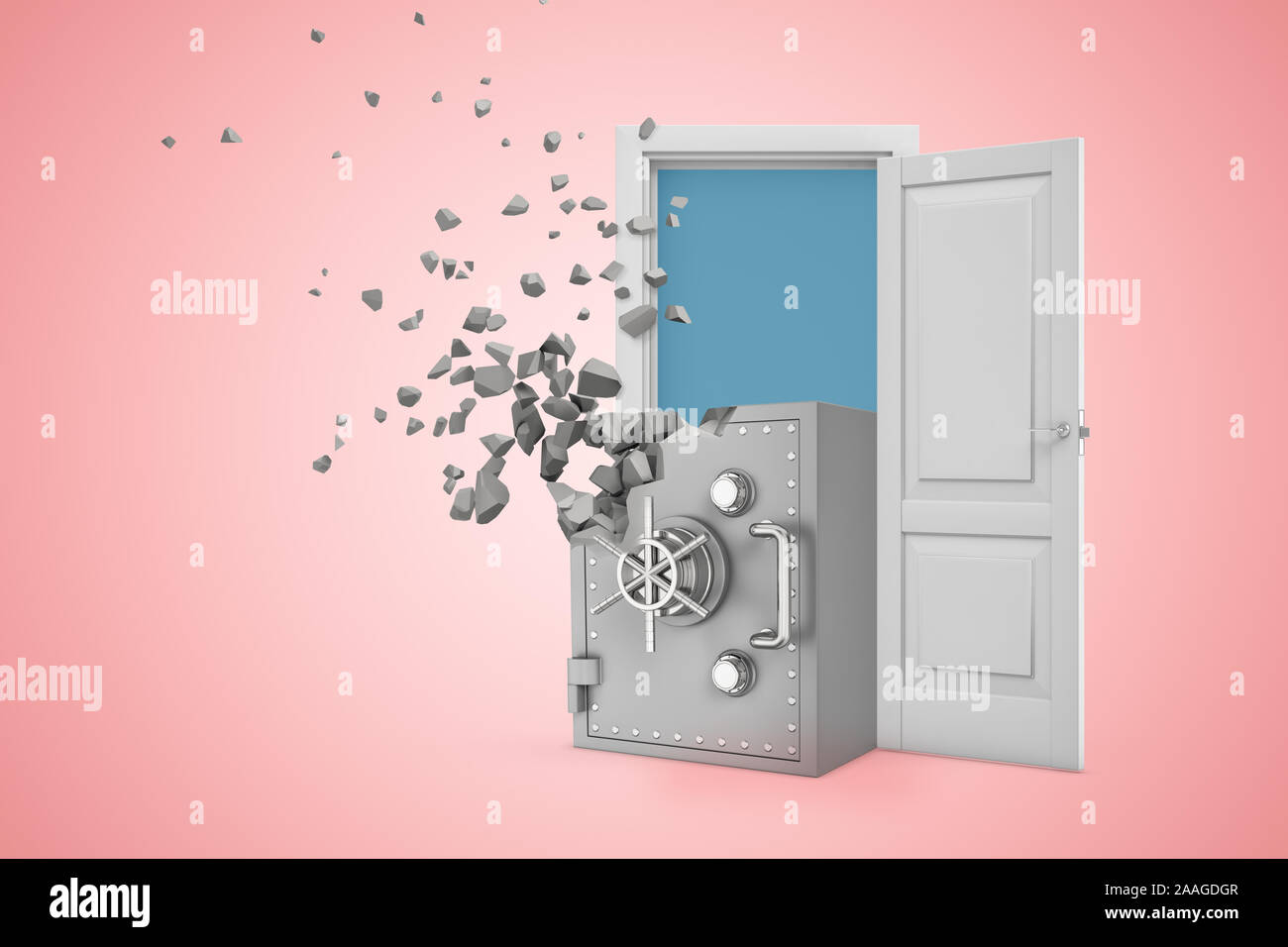 3d rendering of grey metal bank safe shattering into pieces in white ...