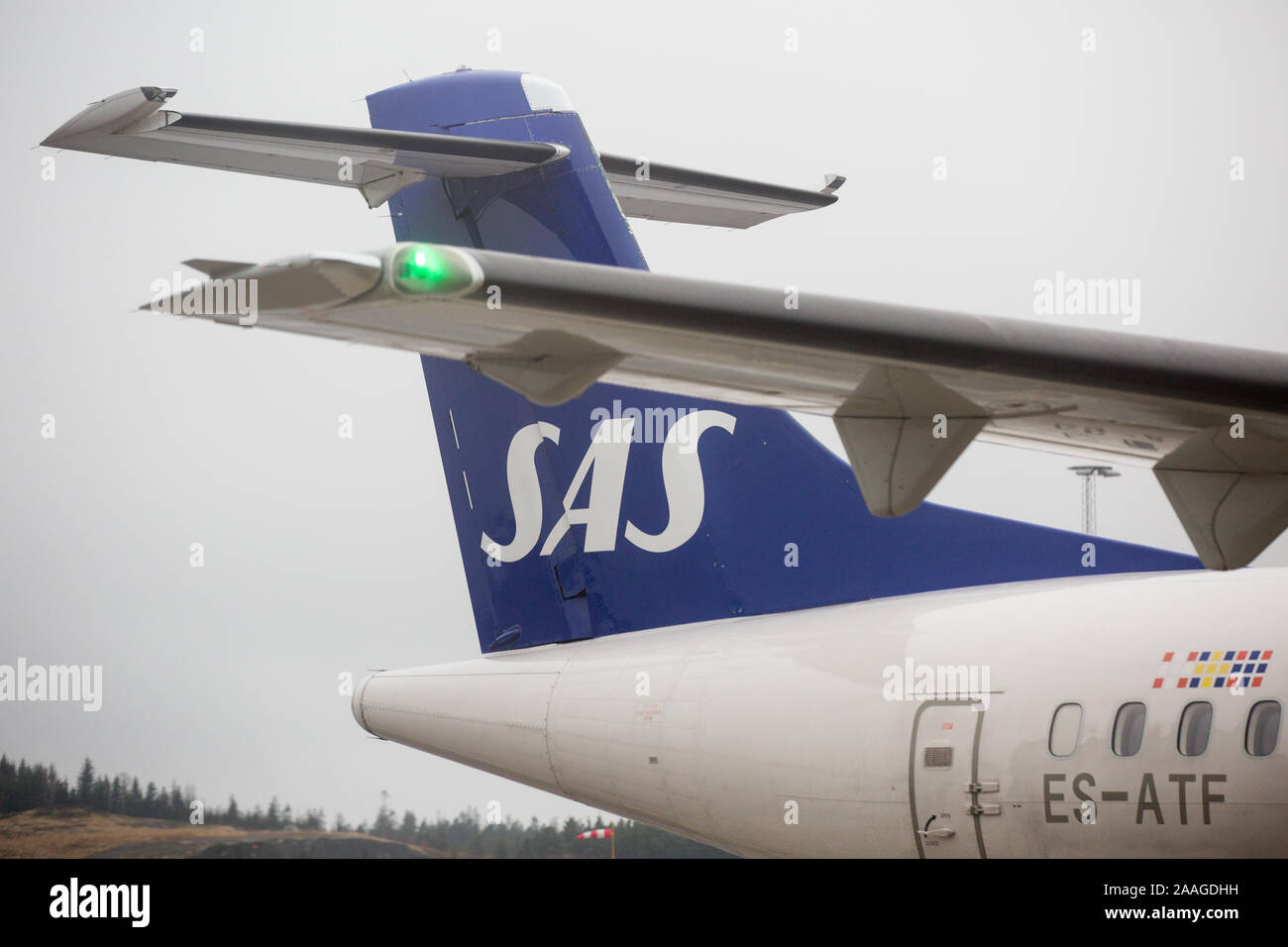 A view of the empennage of a Scandinavian Airlines System ATR 72-600 ...