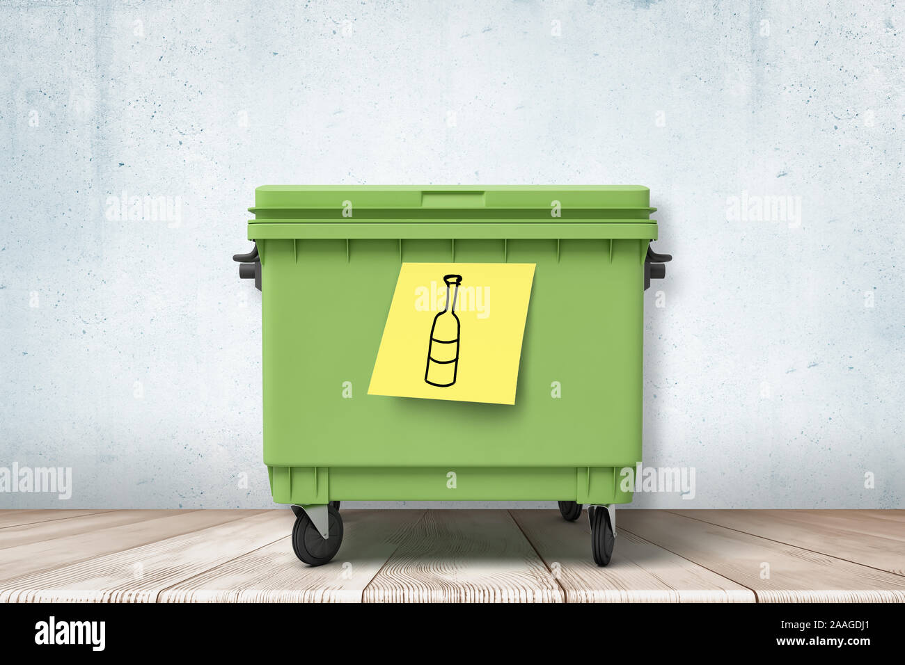 3d rendering of green trash can standing on wooden floor, yellow post ...