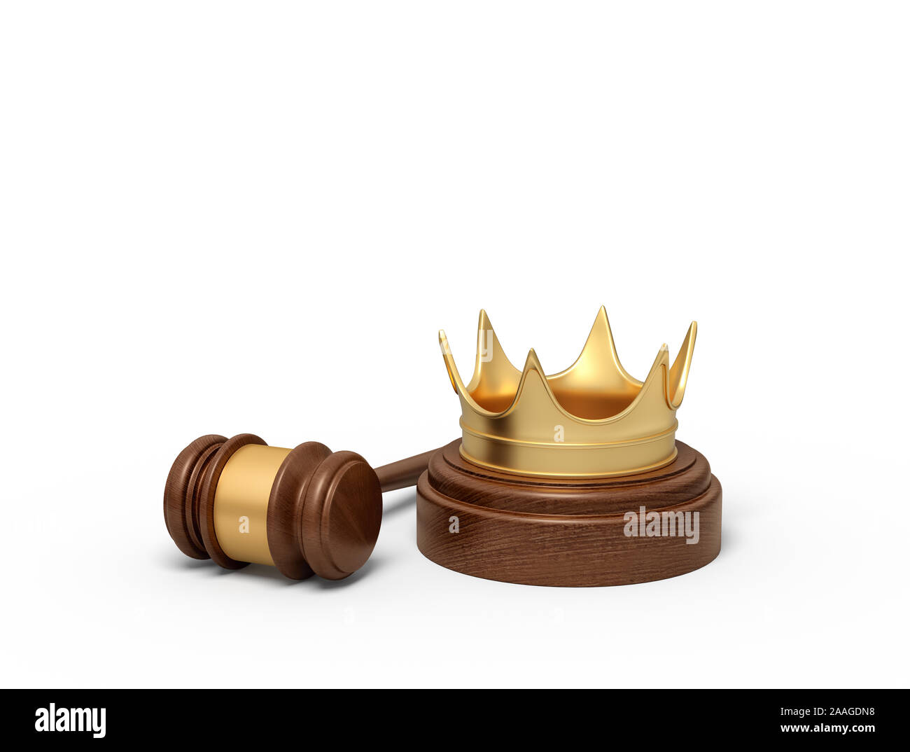 3d rendering of golden crown on round wooden block and brown wooden ...